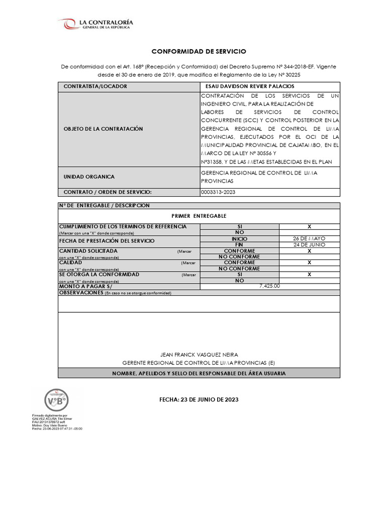 1 - Formato de Conformidad 01-2023 - Esaú | PDF | Gobierno