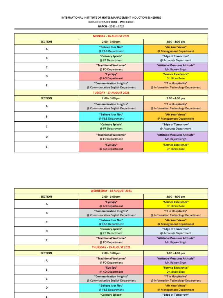 Induction Schedule - Week One (Batch 2021 - 2024) | PDF
