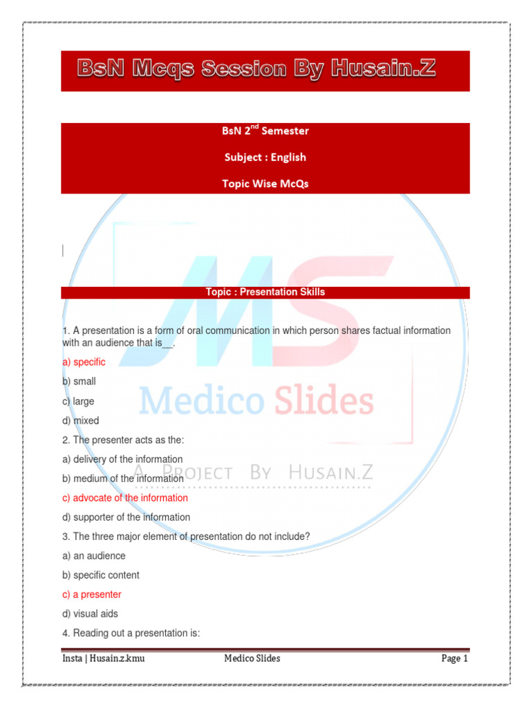 Presentation Skills Mcqs YT Insta Medico Slides | PDF | Body Language ...