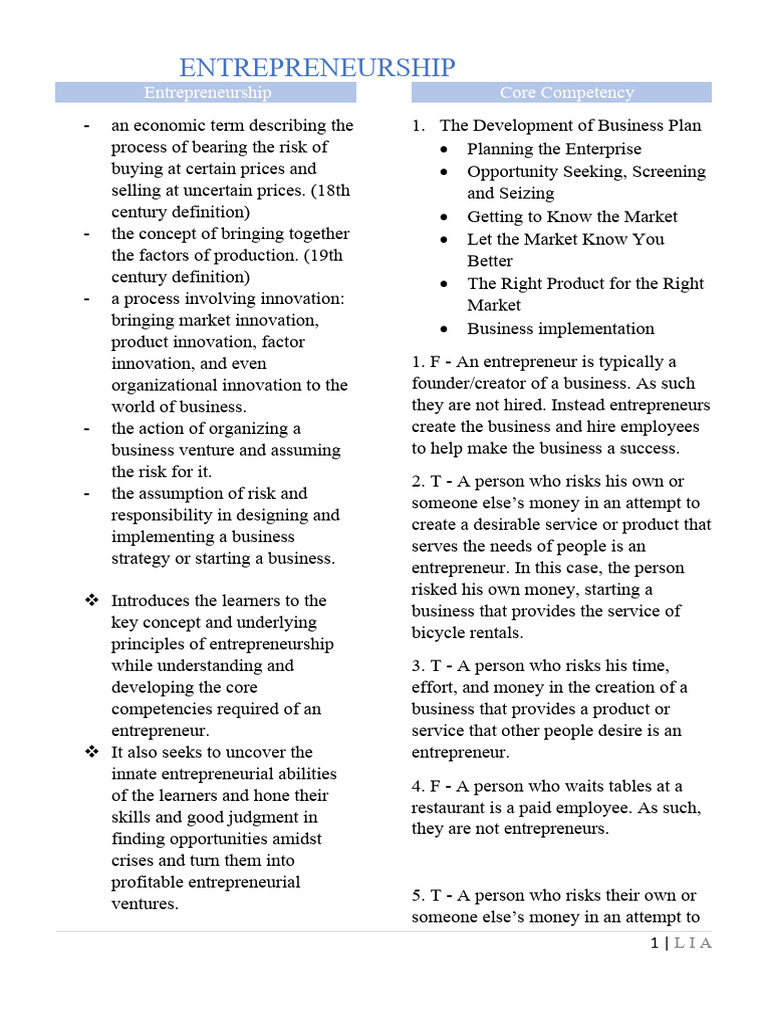 Reviewer in Entrepreneurship 2 | PDF | Entrepreneurship | Financial ...