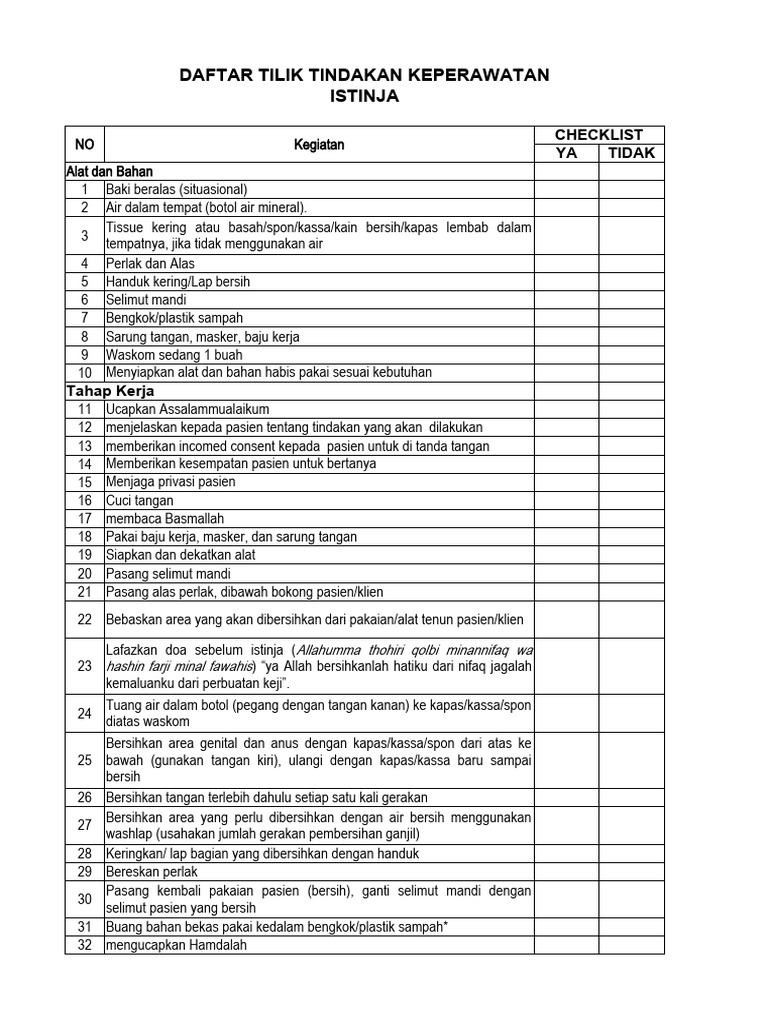 Checklist Tindakan Keperawatan Istinja | PDF | Kesehatan Holistik
