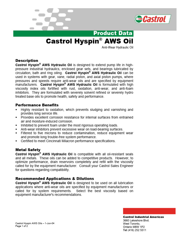 Hyspin AWS Oil (Canada, English) | PDF | Pump | Mechanical Engineering