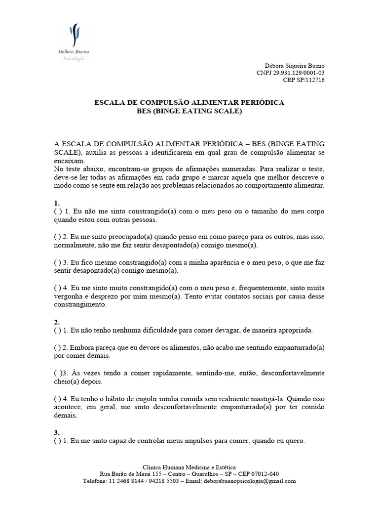 7 BES ESCALA DE COMPULSÃO ALIMENTAR PERIÓDICA.docx | PDF | Alimentos ...