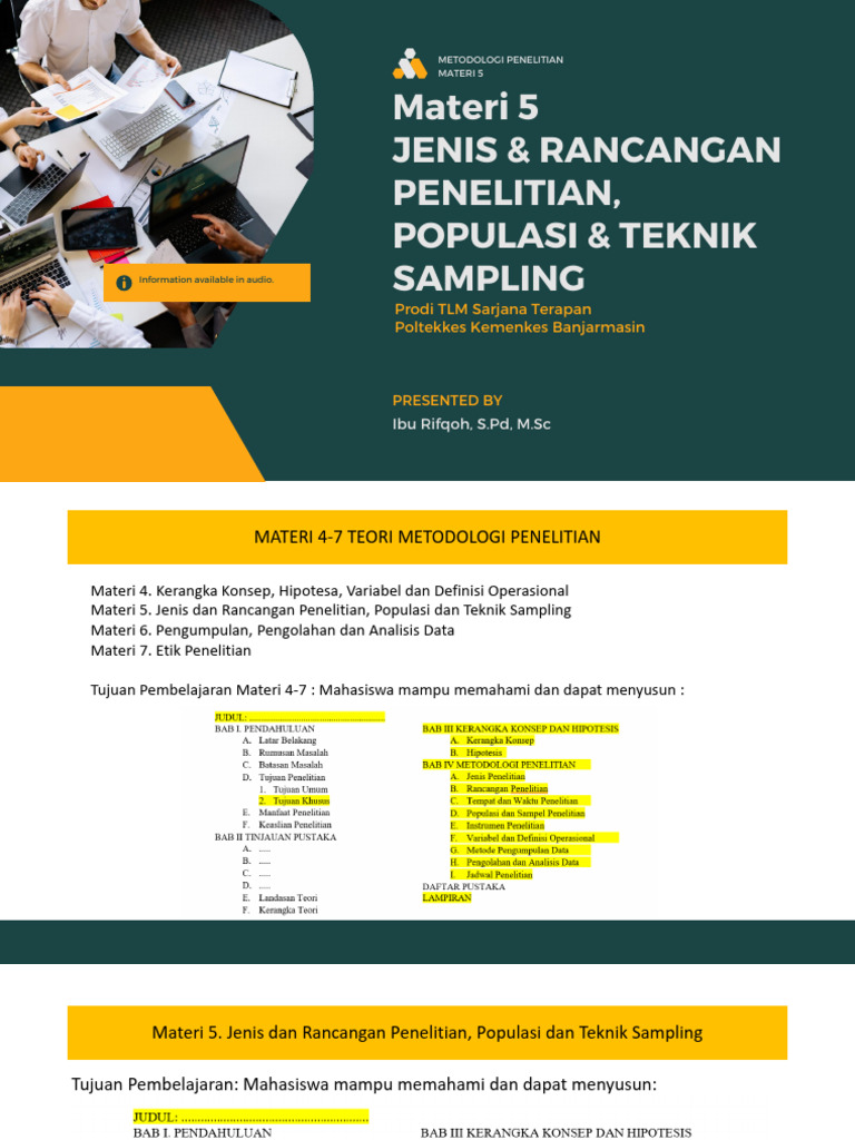 AJ TLM 2024 Materi 5. Jenis dan Rancangan Penelitian, Populasi dan Teknik Sampling | PDF