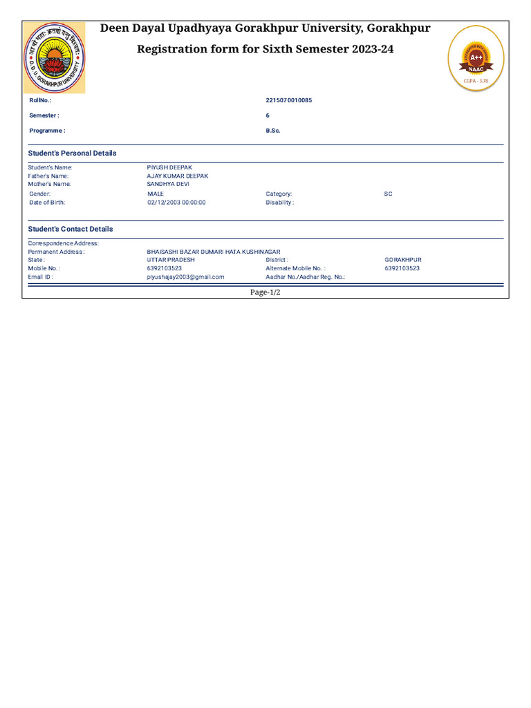 6th Sem Exam Form | PDF | Behavioural Sciences | Biology