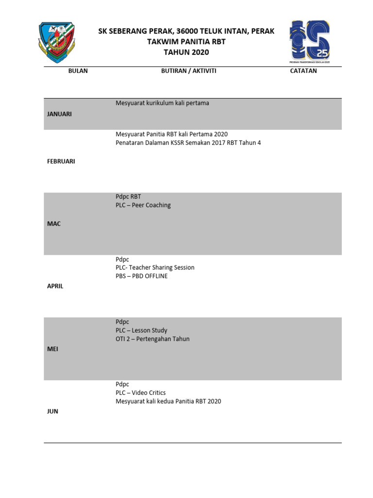 Contoh Takwim Panitia RBT | PDF