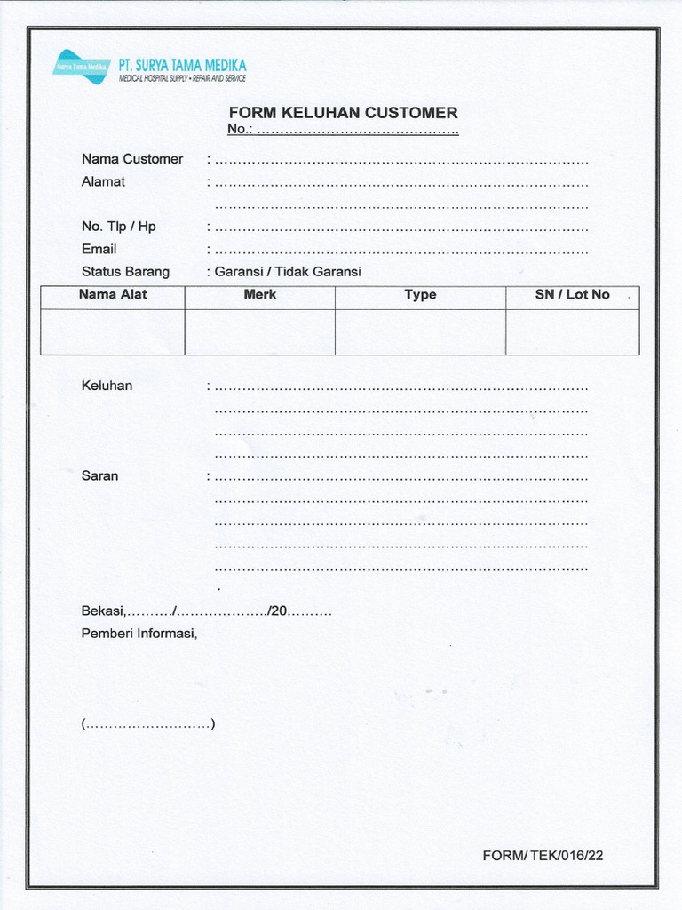 Form Keluhan Customer | PDF