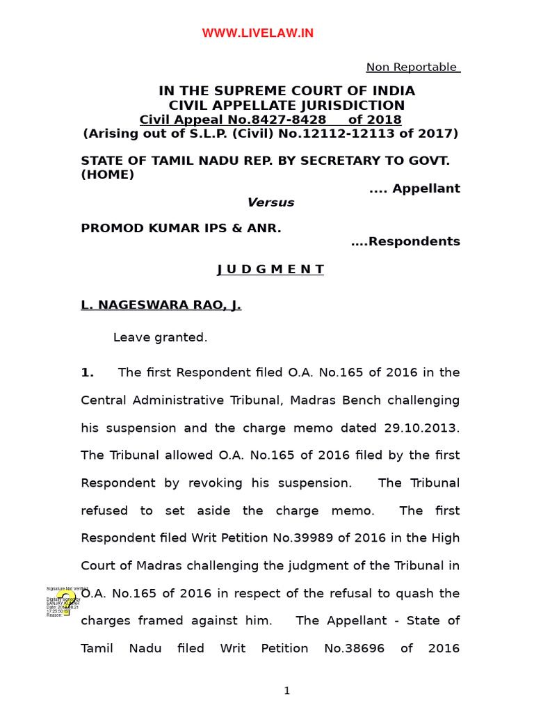 State of Tamil Nadu vs. Pramod Kumar IPS | PDF | Appeal | Judgment (Law)