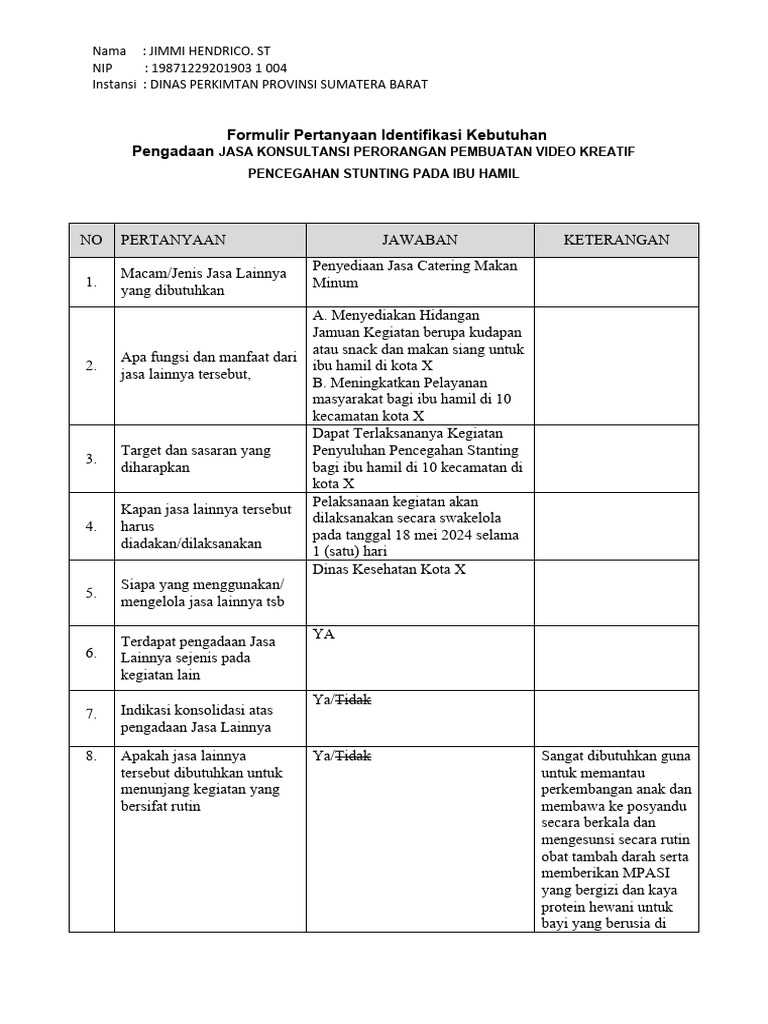Lampiran 03 JIMMI HENDRICO - ST - Form Identifikasi Kebutuhan - PPK Tipe C 2024 | PDF