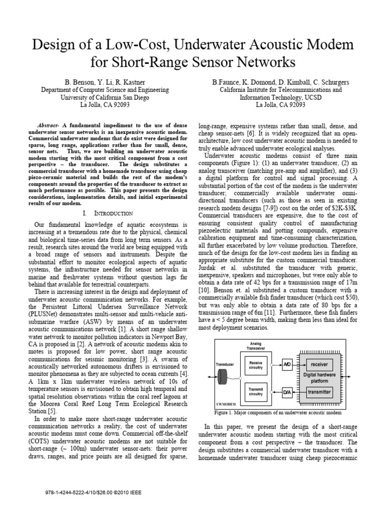 Design of A Low Cost Short Range Underwater Acoustic Modem | PDF | Modem | Sensor