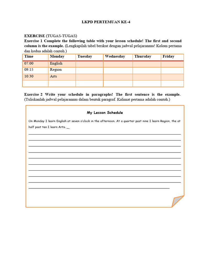 LKPD English Class 4: Lesson Schedule | PDF | Meal