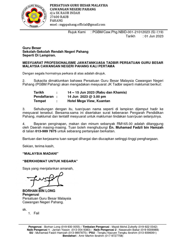 Surat PGBM Pahang - Exco 1 | PDF