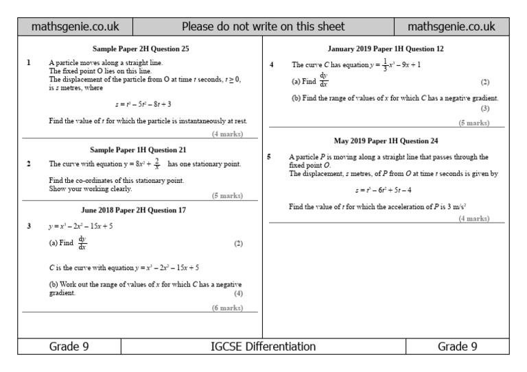 9-igcse-differentiation-ws | PDF | Equations | Physics