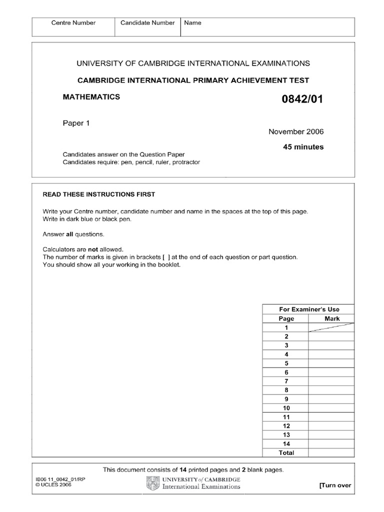 Primary Checkpoint - Math (0842) November 2006 Paper 1 | PDF