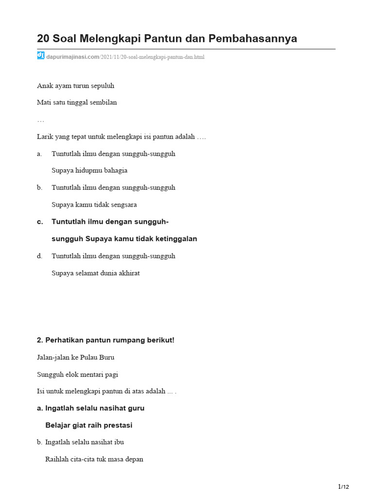 20 Soal Melengkapi Pantun Dan Pembahasannya | PDF