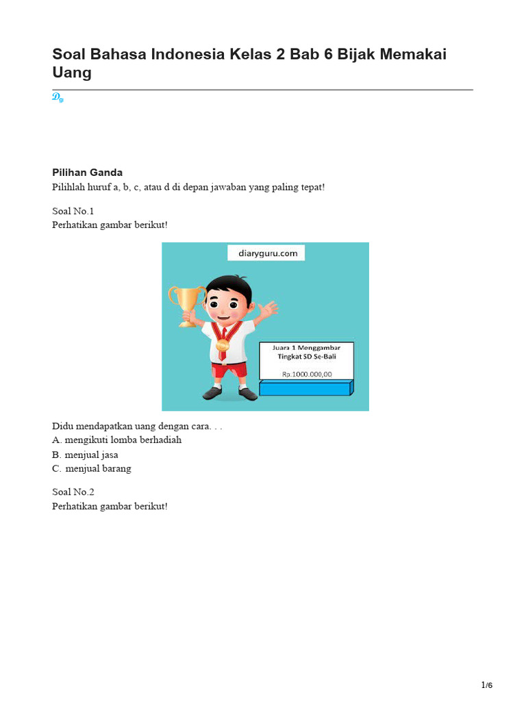 Soal Bahasa Indonesia Kelas 2 Bab 6 Bijak Memakai Uang | PDF