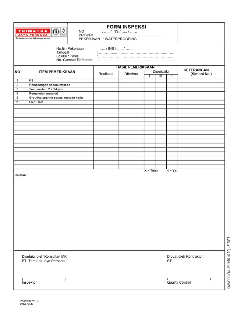 QMS - dcc.FML-PRO.16I - Inspeksi Waterproofing (R.00) - 310805 | PDF