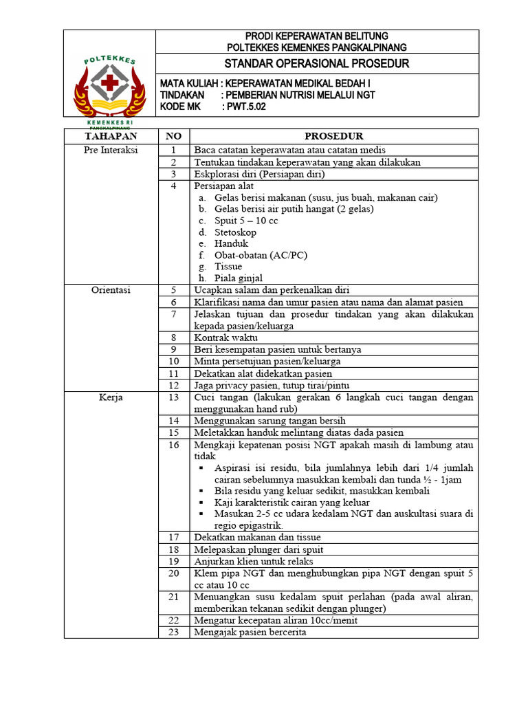 SOP Pemberian Nutrisi NGT | PDF