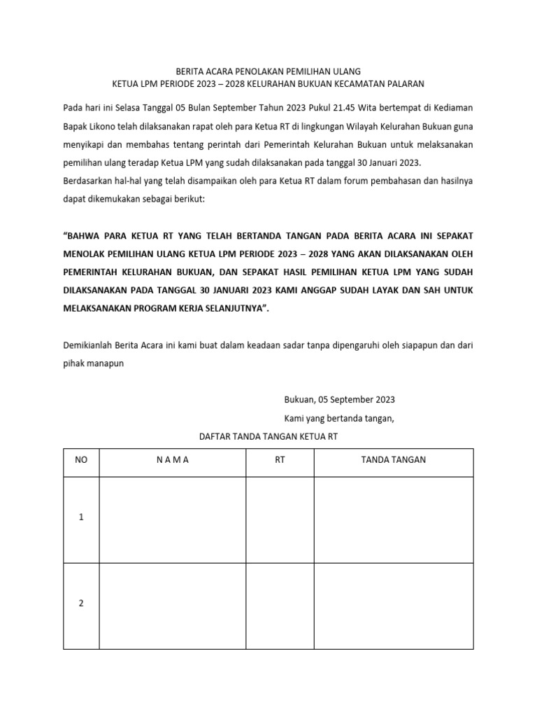 Berita Acara Penolakan Pemilihan Ulang | PDF