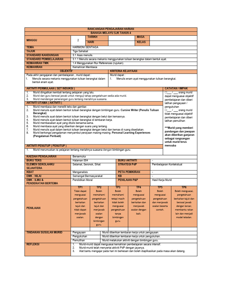 RPH Minggu 2 BM SJK THN 4 2024 by Cikgu Gorgeous | PDF