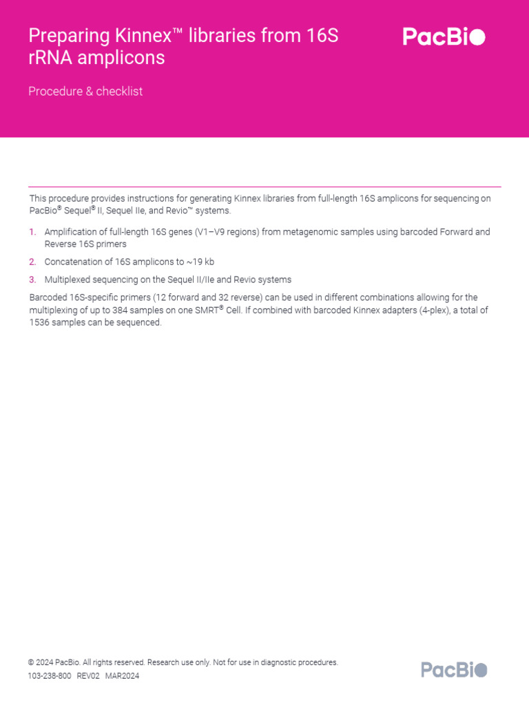 Procedure Checklist Preparing Kinnex Libraries From 16S rRNA Amplicons | PDF | Polymerase Chain ...