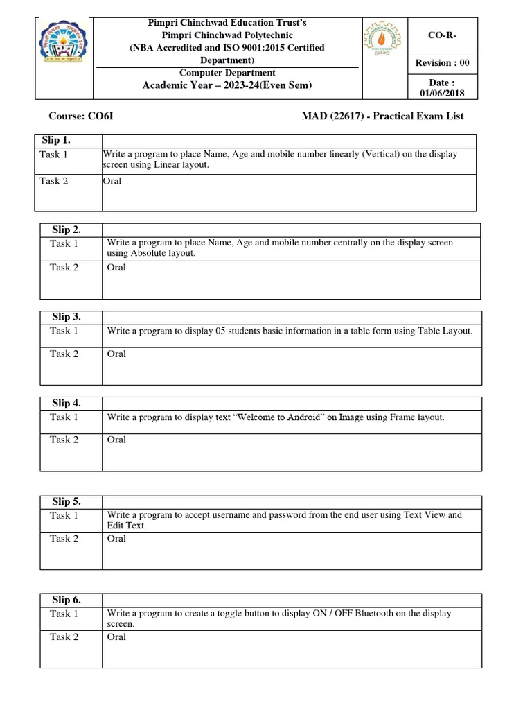MAD - PRACTICAL EXAM Slips - 23 - 24 | PDF | Login | Software