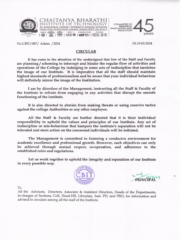 Circular Reg. Instructions To All The Staff - 19.03.2024 | PDF