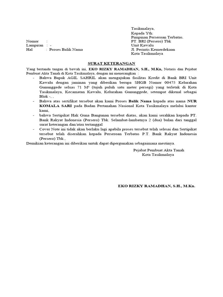 DRAFT Covernote Bu Nur Komalasari | PDF