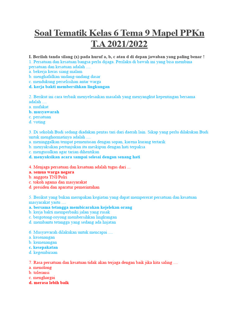 Soal Tematik Kelas 6 Tema 9 Mapel PPKN | PDF | Ilmu Sosial