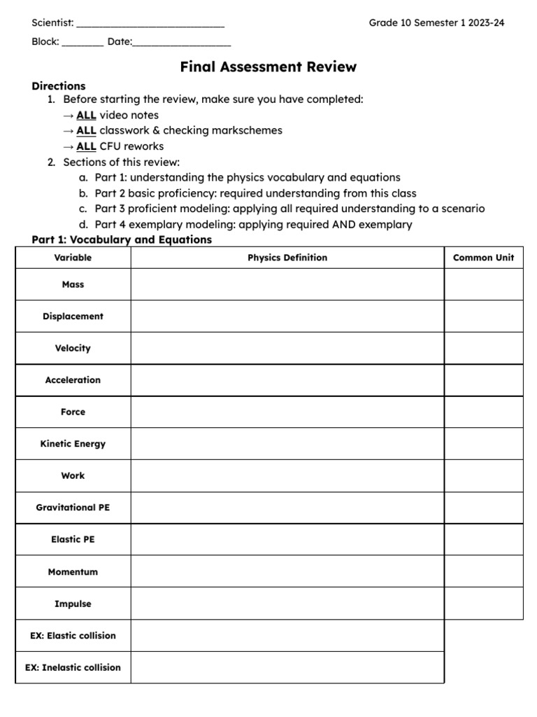 Grade 10 Physics Final Review Guide | PDF | Force | Momentum