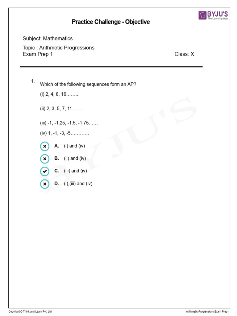 CBSE Class 10 Term 2 Arithmetic Progressions MCQ With Solutions. | PDF ...