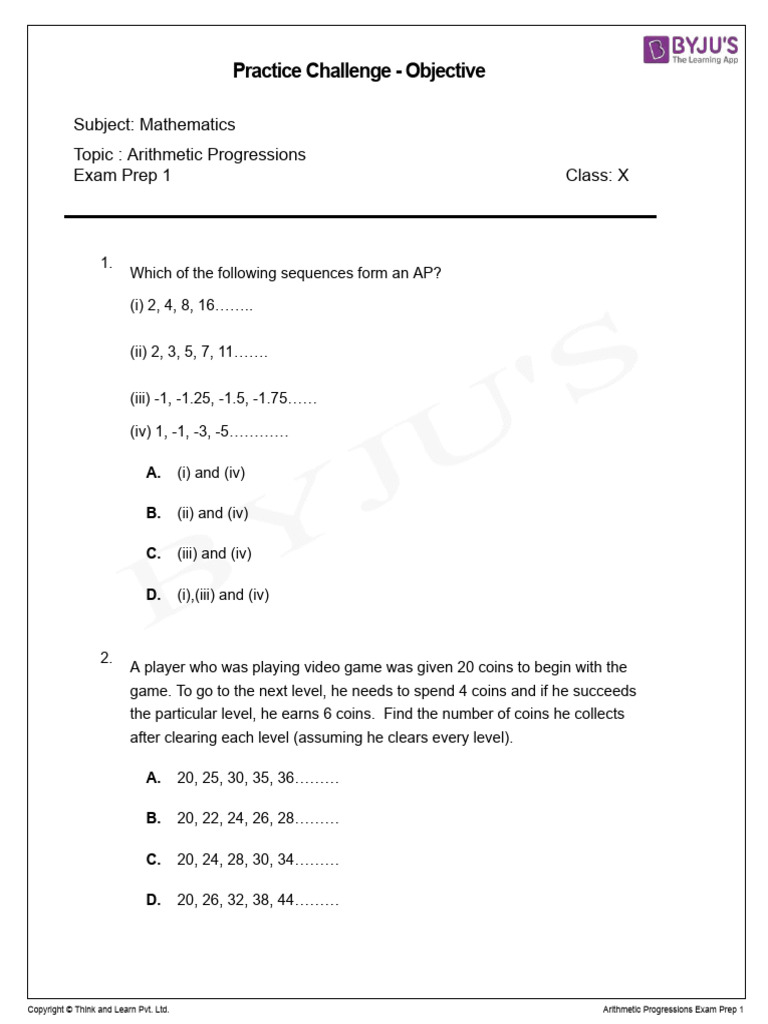 CBSE Class 10 Term 2 Arithmetic Progressions MCQ. | PDF | Area ...