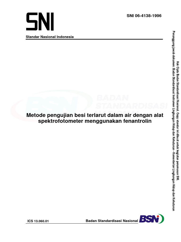 SNI 06 4138 1996 Metode Pengujian Besi Terlarut Dalam Air Dengan Alat ...