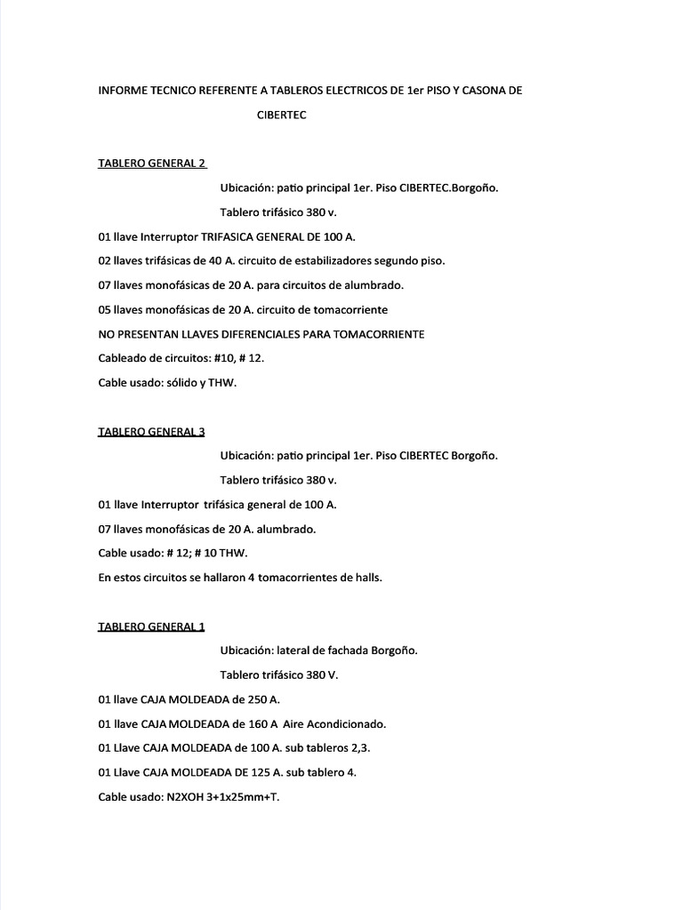 PDF Informe Tecnico Referente a Tableros Electricos de 1er Piso y Casona de Compress | PDF