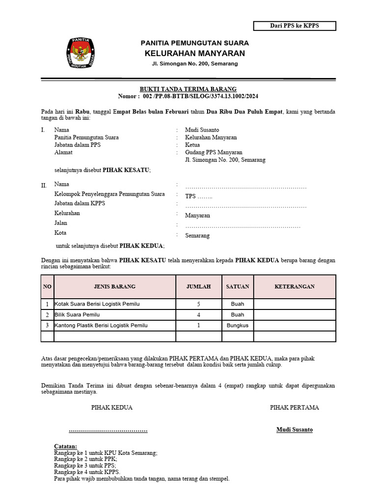 Template BTTB Logistik PPS Ke KPPS | PDF