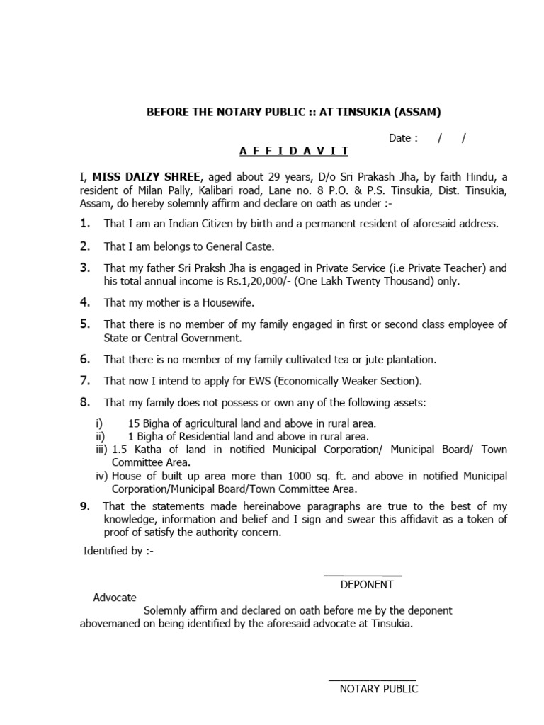 Before The Notary Public:: at Tinsukia (Assam) A F F I D A V I T | PDF
