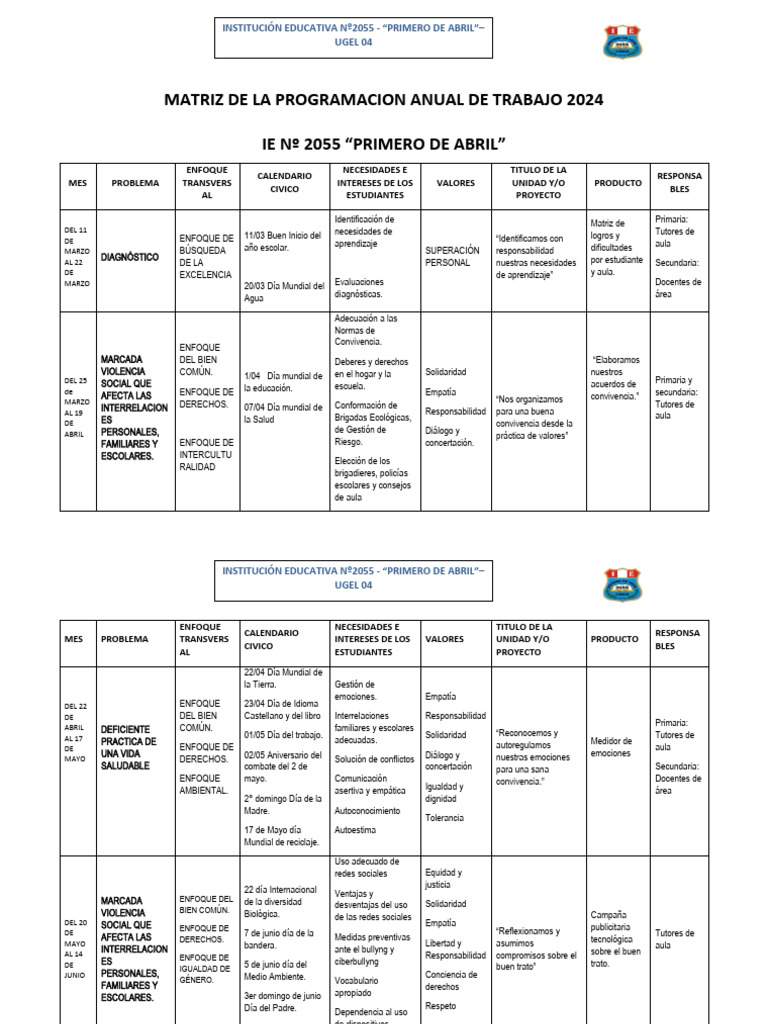Matriz de La Programacion Anual 2024. | PDF | Salón de clases | Escuelas Matriz de La Programacion Anual 2024. | PDF | Salón de clases | Escuelas