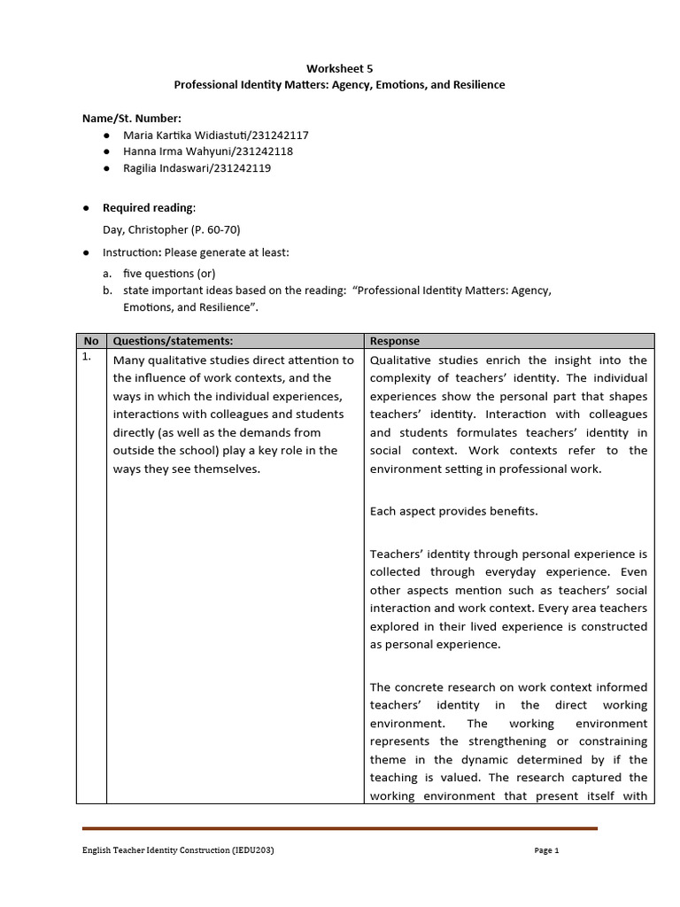 Worksheet 5 - Professional Identity Matters - Agency, Emotions, and ...