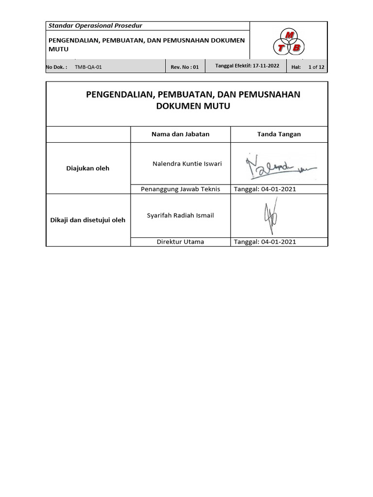 SOP Dokumen Mutu Alat Kesehatan | PDF