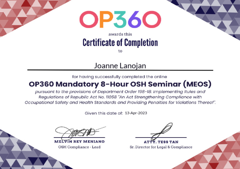 Mandatory 8-Hour OSH Seminar Certificate | PDF