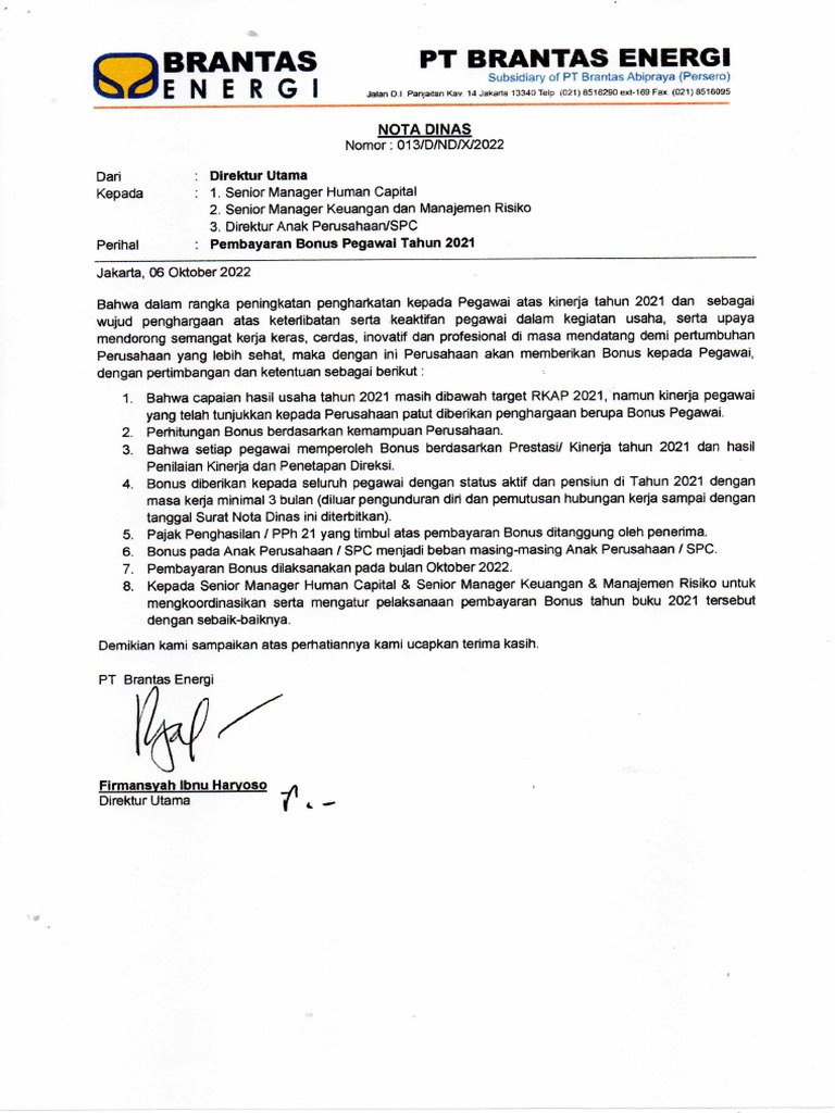 ND 013-2022 Pembayaran Bonus | PDF