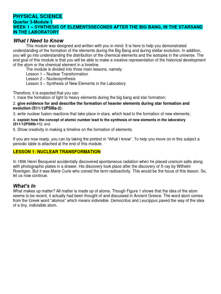 Concepts in Physical Science Q3 Week 1 To 8 2023 2024 | PDF | Chemical ...