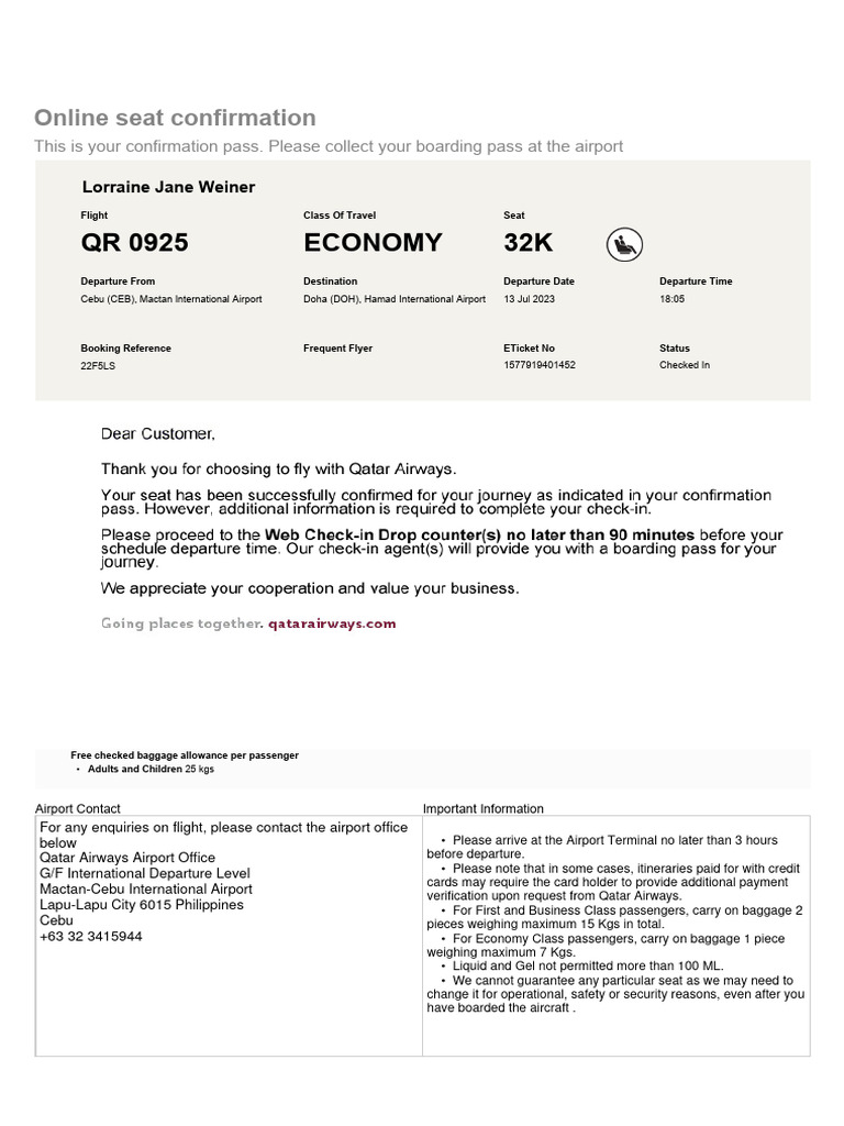 Qatar Airways Seat Confirmation Details | PDF | Airport | Civil Aviation