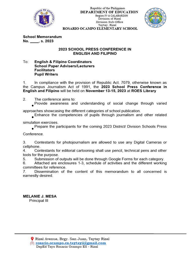 2023 School Press Conference in English and Filipino Memorandum 1 | PDF