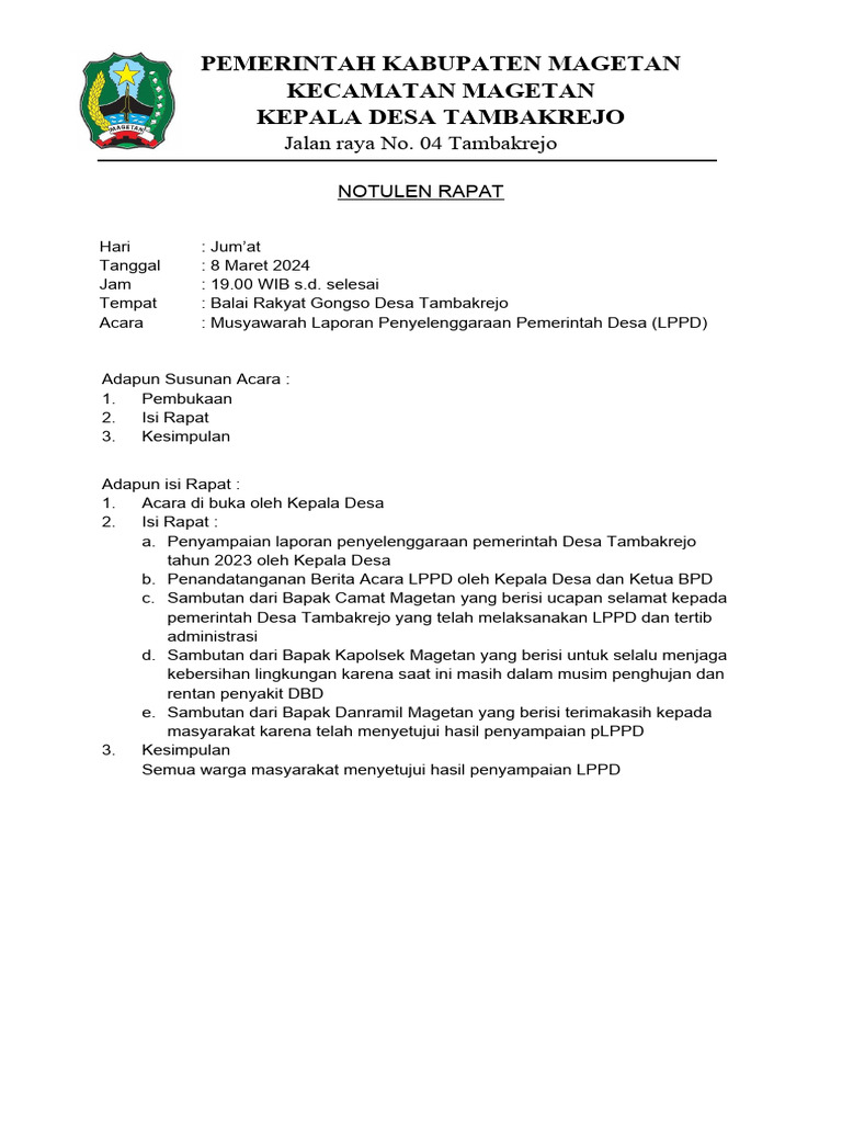 Laporan Rapat LPPD Desa Tambakrejo | PDF