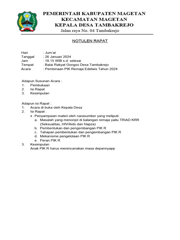 Notulen 26 Januari 2024 - Pembinaan PIK Remaja Edelwis Tahun 2024 | PDF