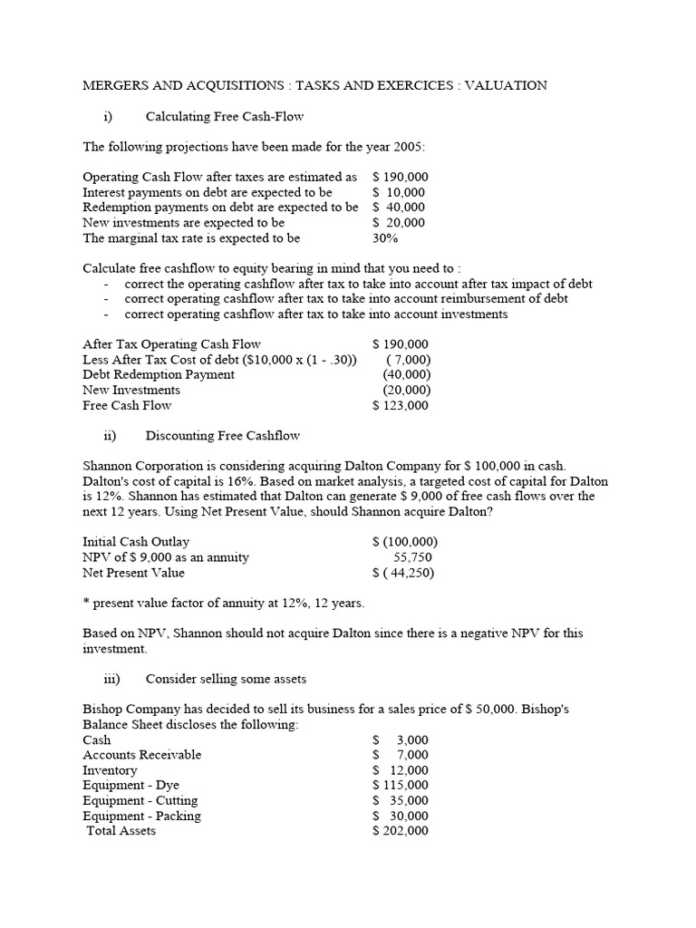 Mergers and Acquisitions Question List and Exercices Valuation With Full Solutions | Download ...