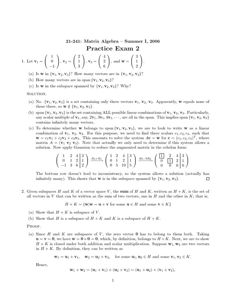 Practice Exam2 Sol | PDF | Linear Subspace | Vector Space