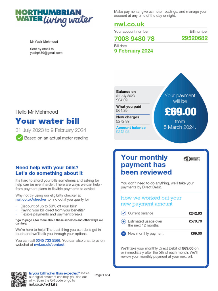 Northumbrian Water Bill Summary 2024 | PDF | Debit Card | Payments