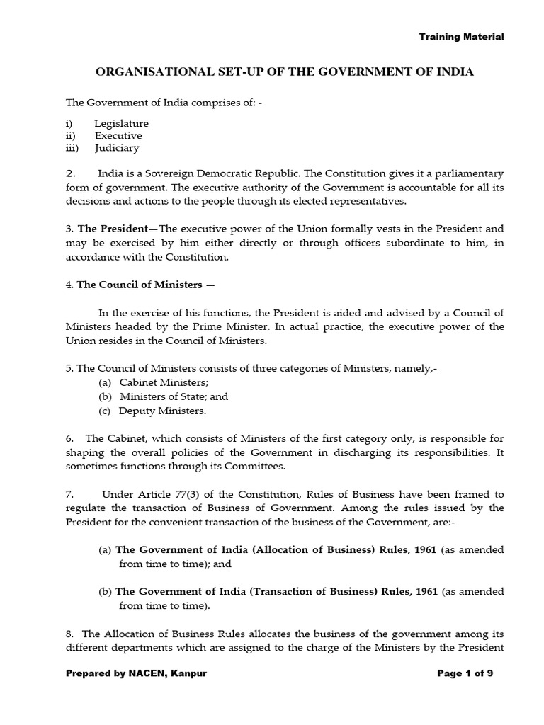 Organisational Set-Up of The Government of India: Training Material ...